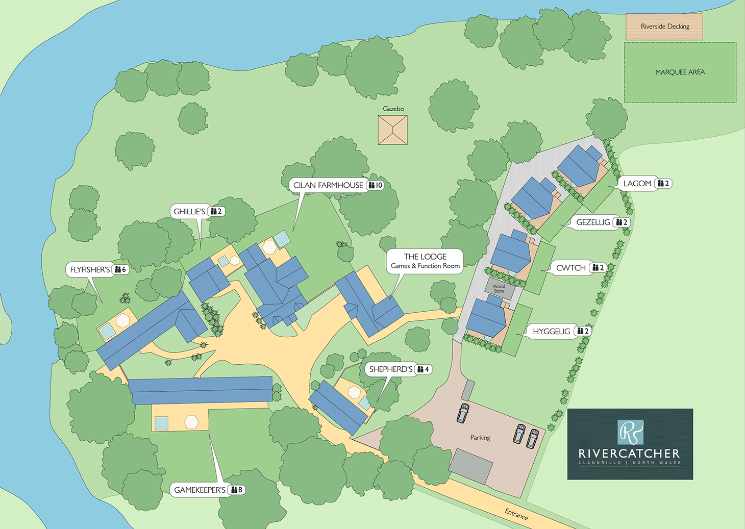 Rivercatcher Luxury Cottages & Log Cabins Site Layout